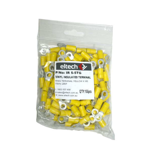 Pre-Insulated Ring Terminal - Twin - Yellow M5 - Eltech