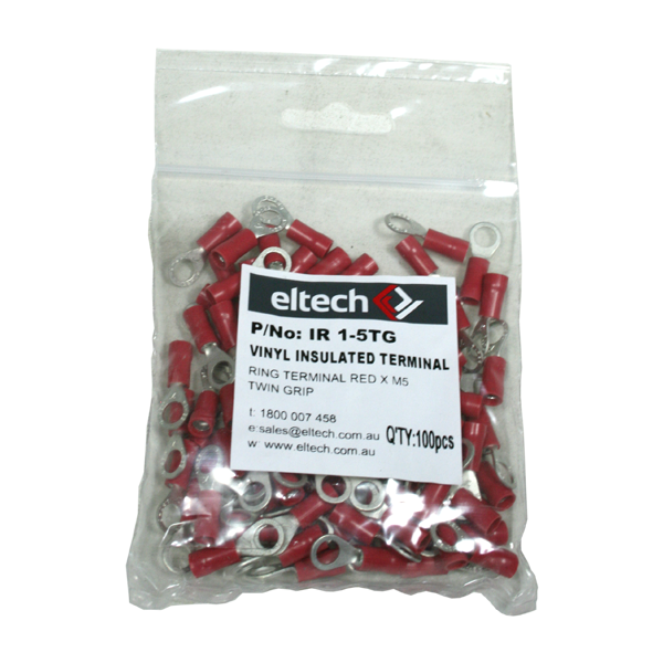 Pre-Insulated Ring Terminal - Twin - Red M5 - Eltech
